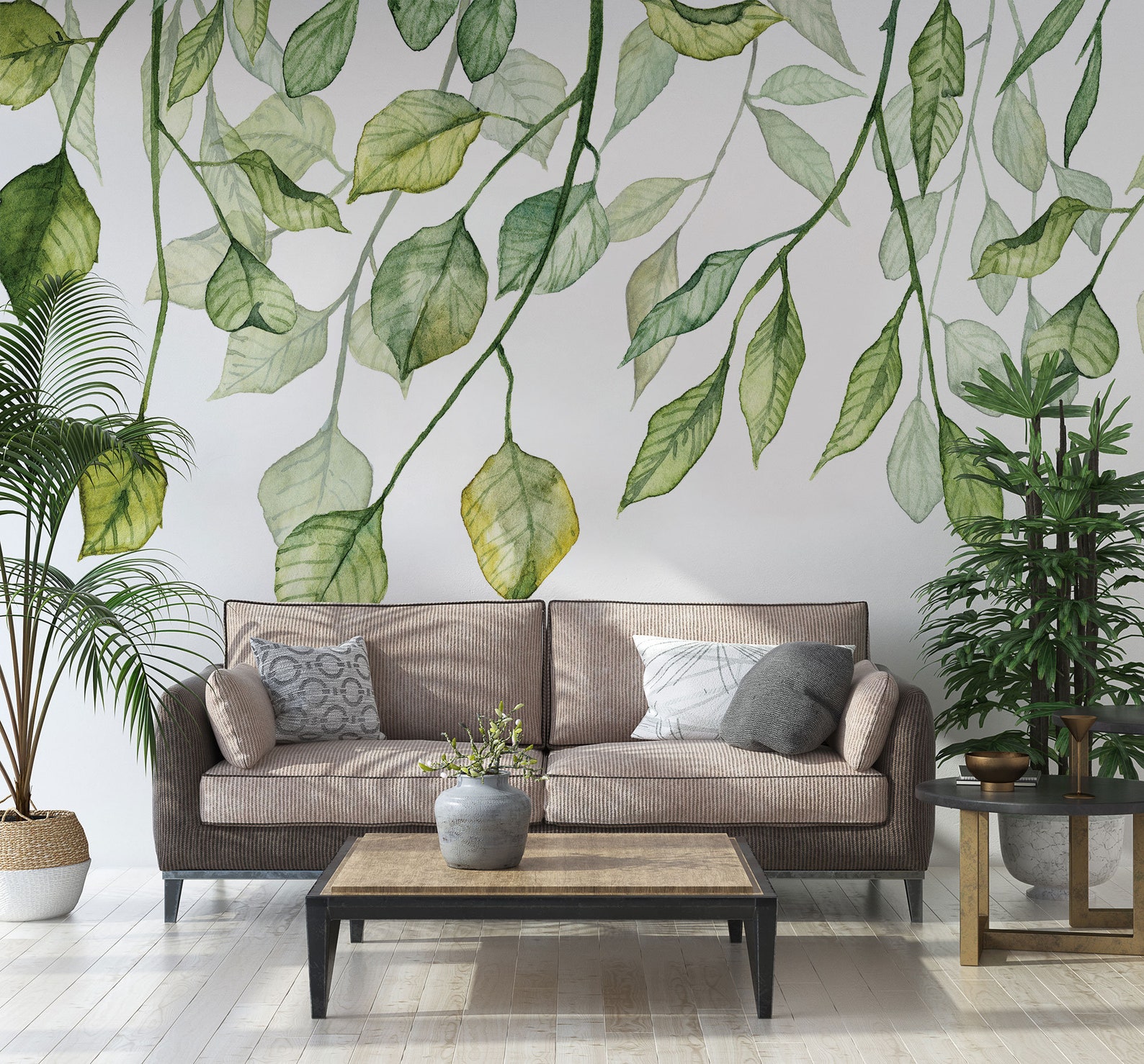 Watercolor Green Hanging Tree Leaves Wallpaper With White Background ...