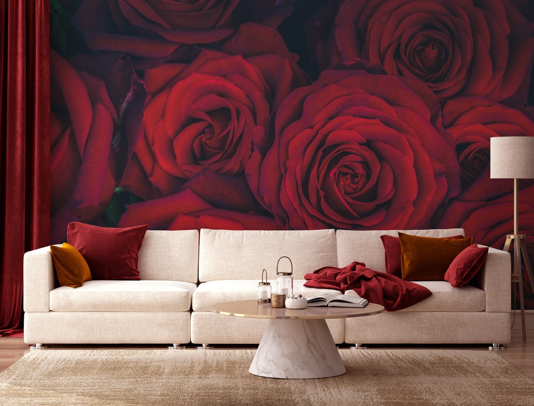 Elegant Dark Red Roses Photo Wallpaper, Big Flowers Wall Mural | Self ...