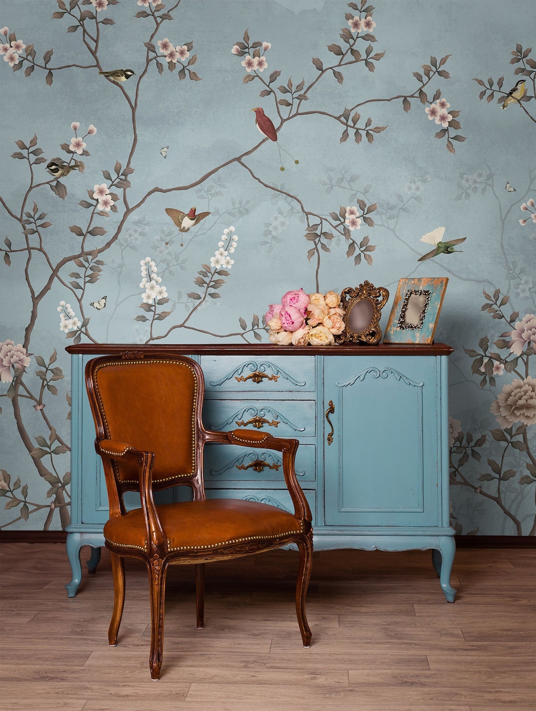 Blue Chinoiserie Wallpaper, Bird and Blooming Branch Wall Mural • Peel ...