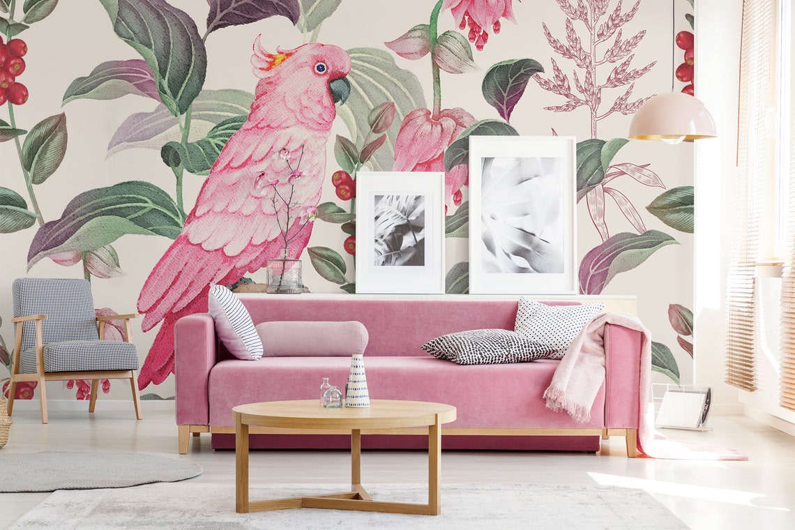 Pink Parrot Wallpaper Tropical Bird and Flowers Mural Self - Etsy