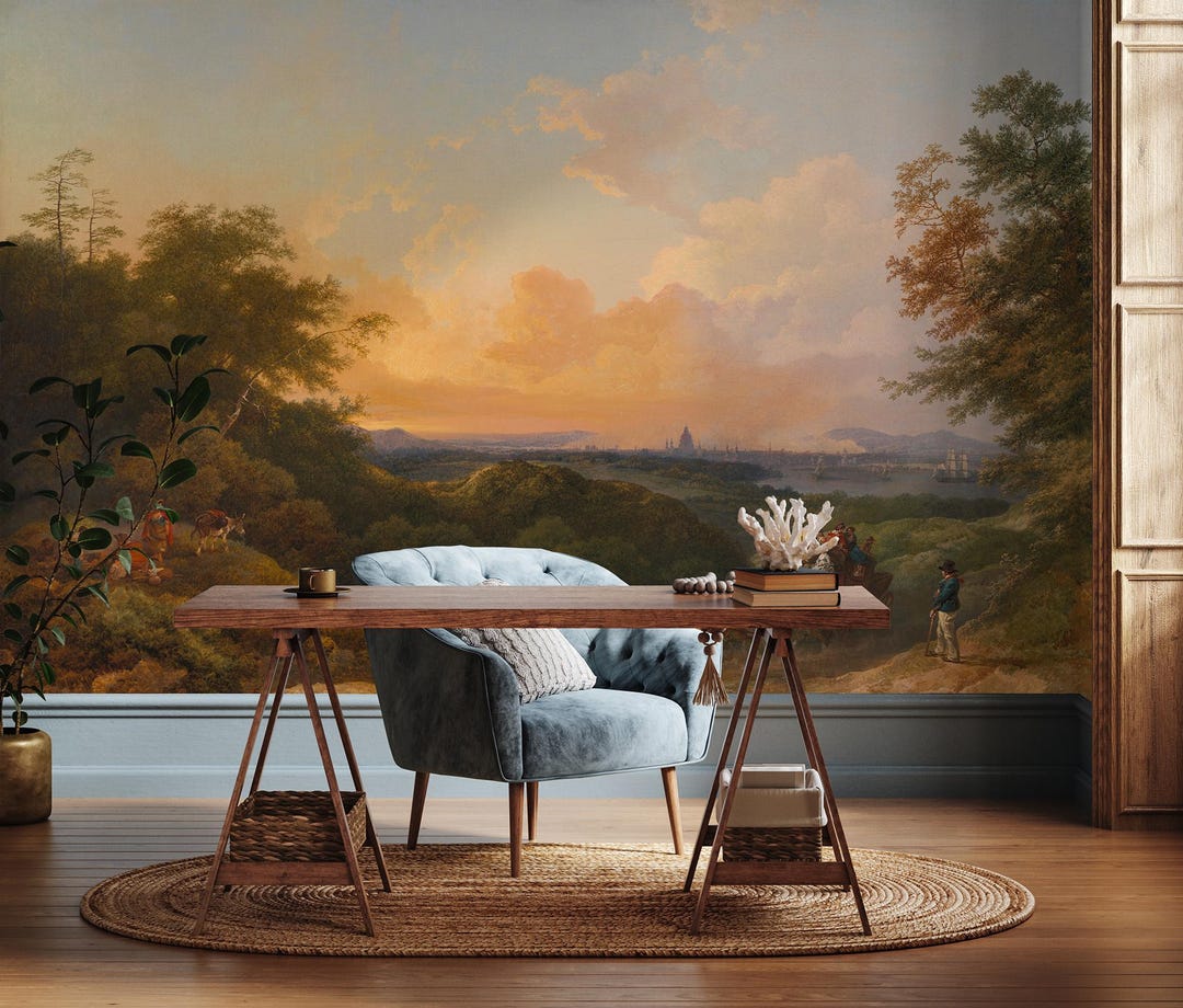 Baroque Scenery Wallpaper, Sunset Landscape, Vintage Scenic Art Mural ...