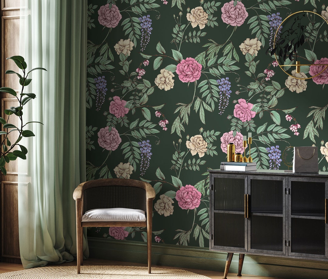 Dark Green Floral Wallpaper, Pink, Yellow & Lilac Flower Pattern • Peel ...