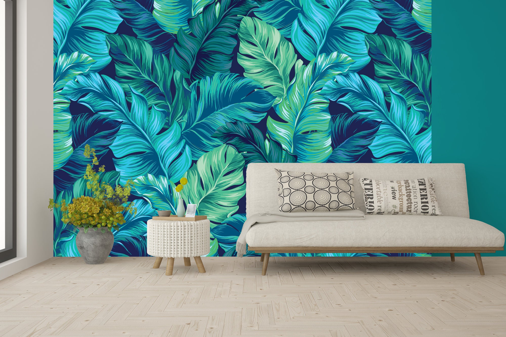 Vector Blue and Green Tropical Leaves Wallpaper Self - Etsy