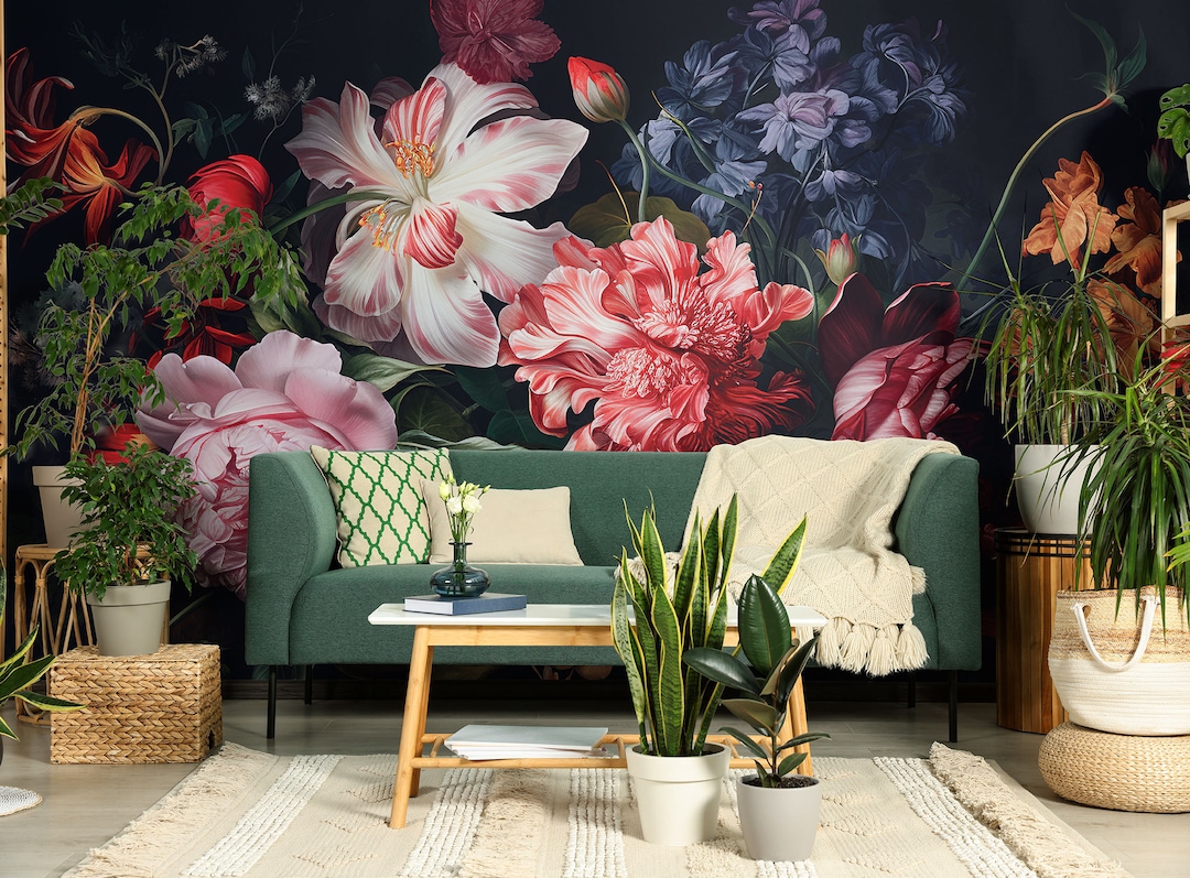 Dark Baroque Floral Bouquet Wallpaper, Vintage Floral Wall Mural • Peel ...