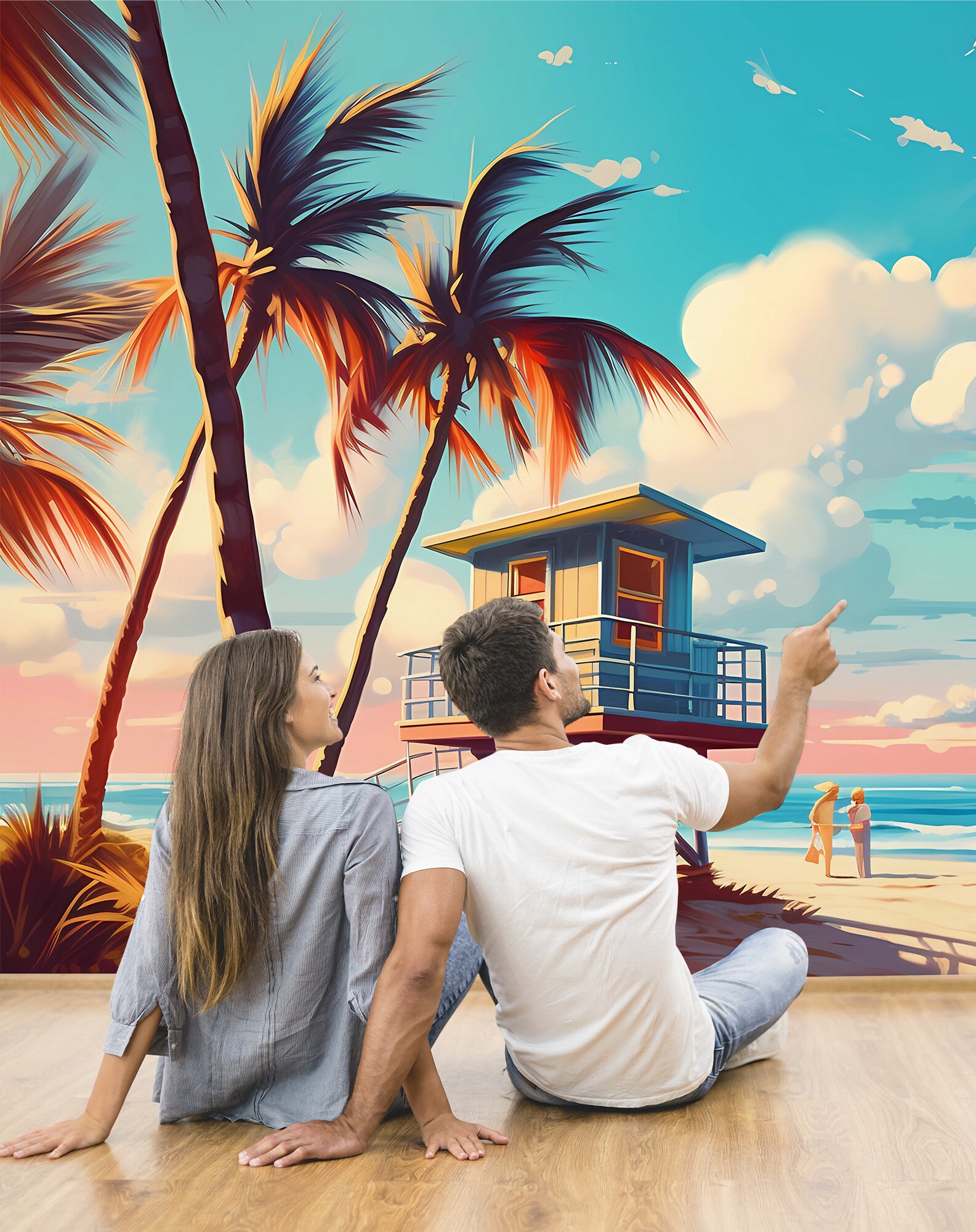 Palm Tree Beach & Blue Sky Wallpaper, Clouds Mural, Tropical Print ...