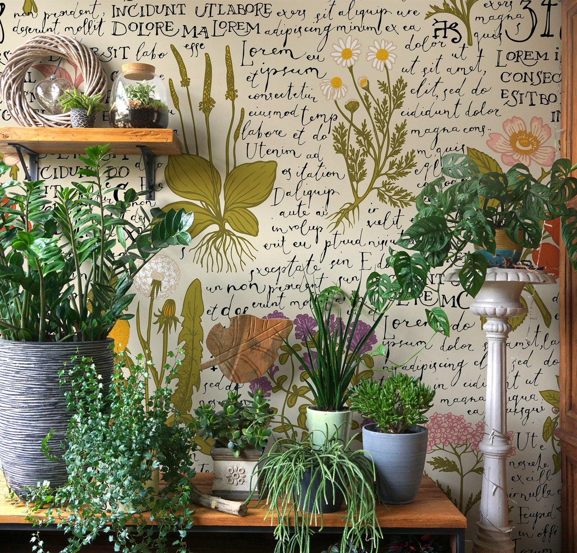 Botanical Wallpaper With Flowers and Writings | Self Adhesive | Peel ...