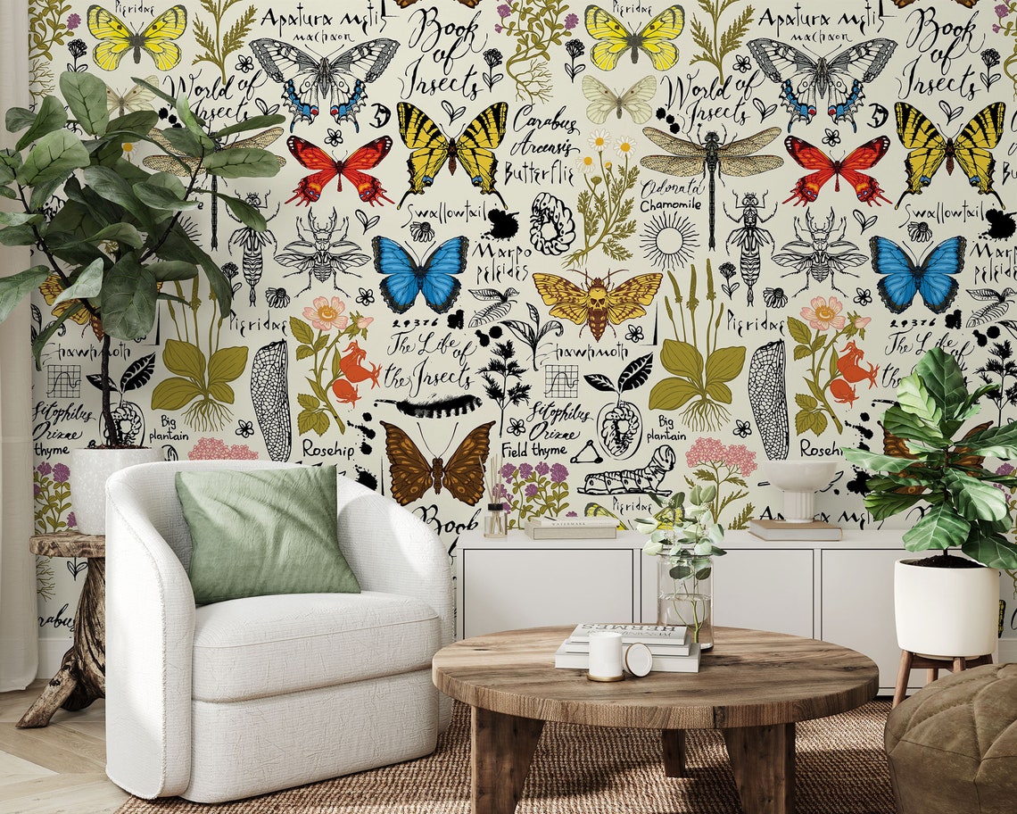 Botanical Wallpaper With Plants Flowers Butterfly Insects - Etsy