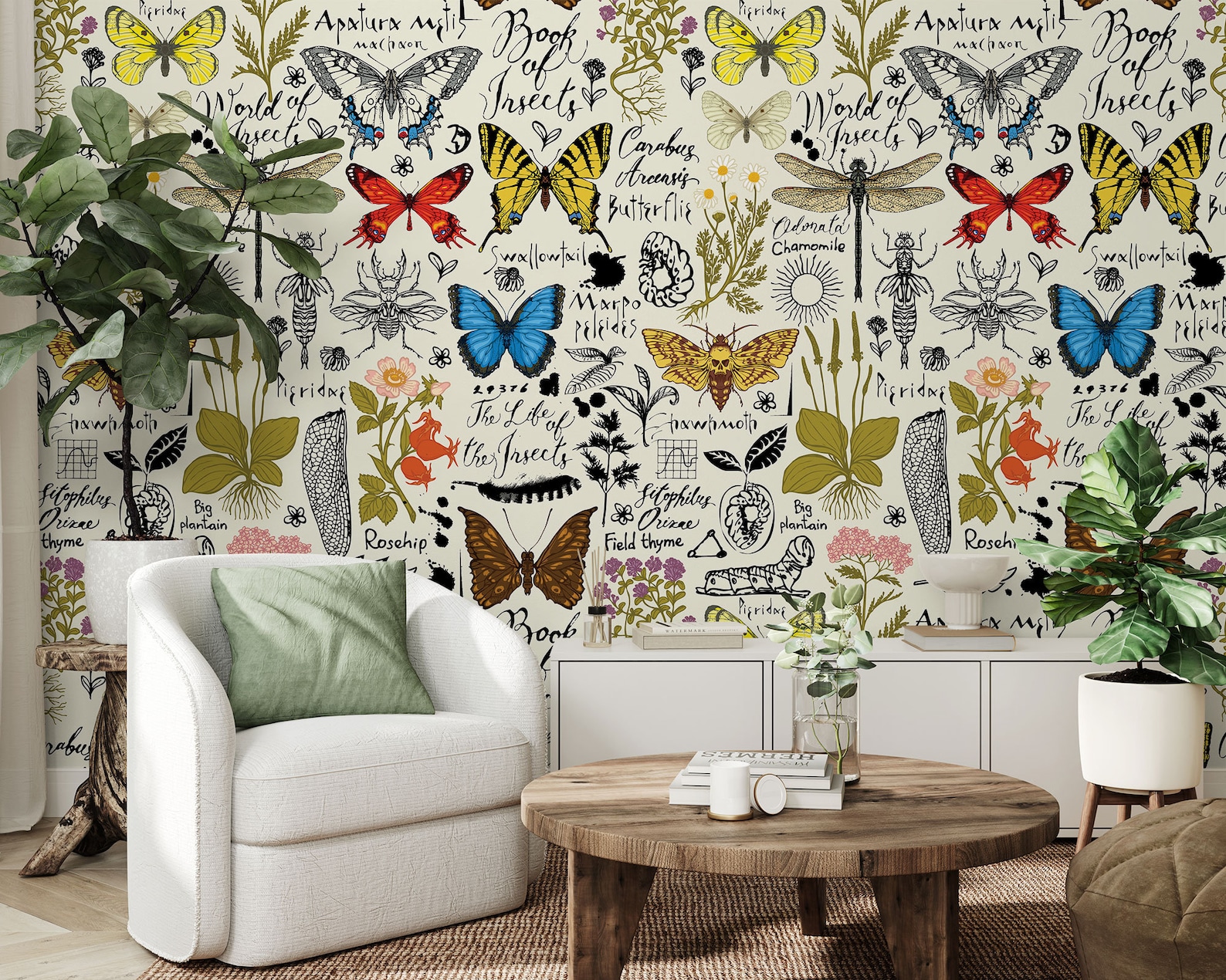 Botanical Wallpaper With Plants, Flowers, Butterfly, Insects | Self ...