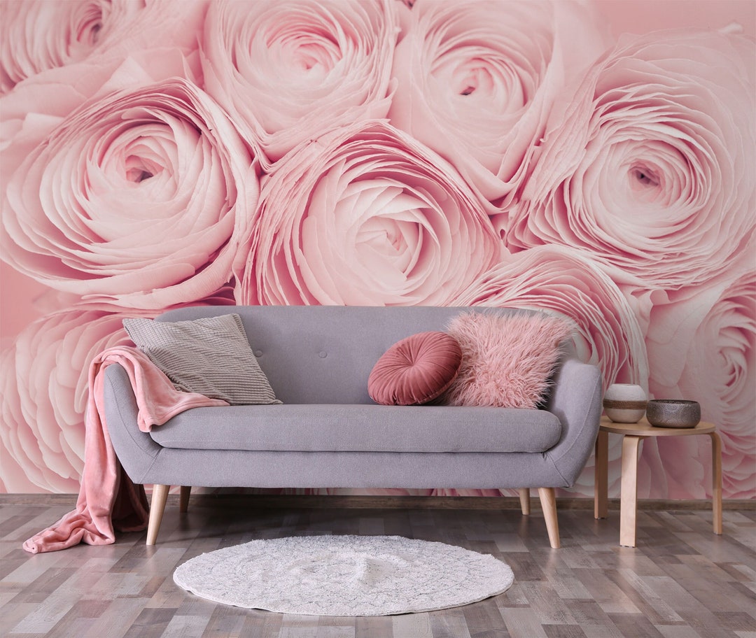 Pastel Pink Romantic Rose Wallpaper, Botanical Floral Wall Mural • Peel ...