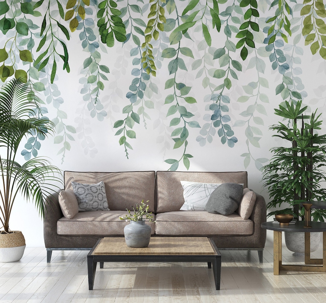 Watercolor Hanging Leaves Wallpaper, Leaf Print, Botanical Wall Mural ...