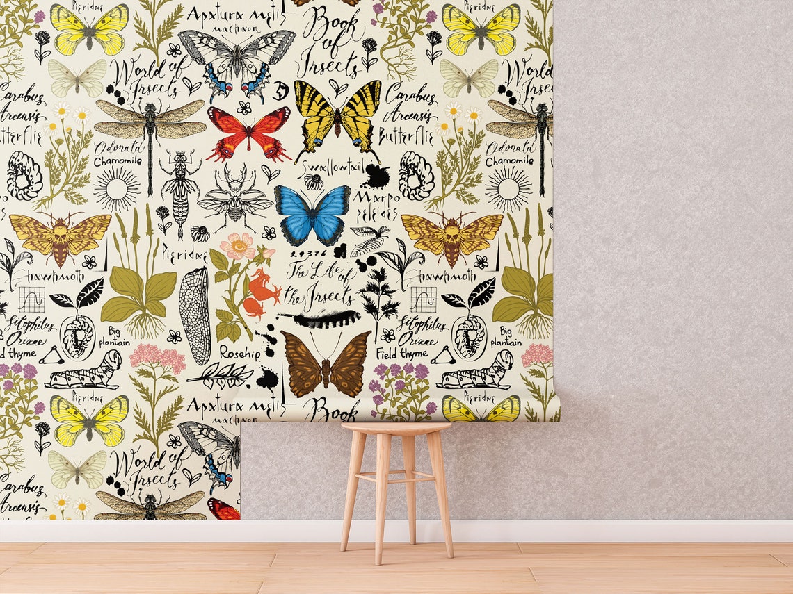 Botanical Wallpaper With Plants Flowers Butterfly Insects - Etsy