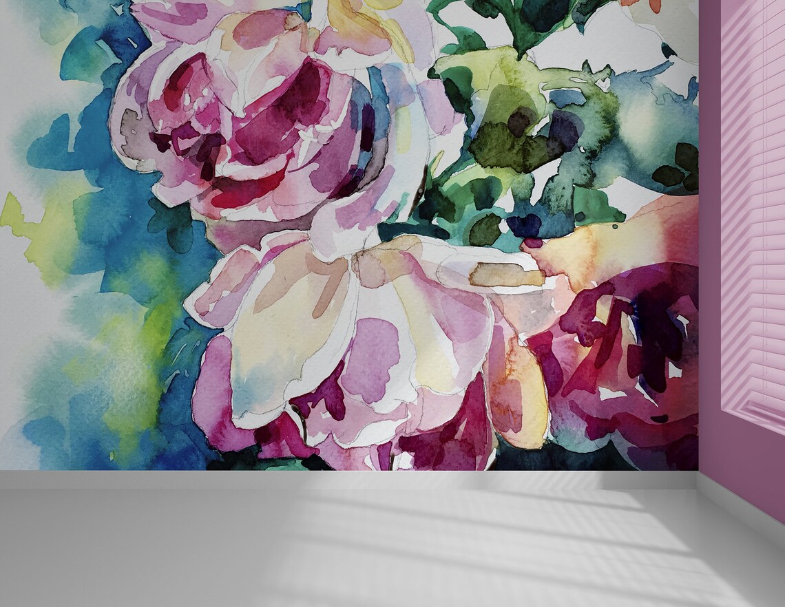 Watercolor Pink Roses Wallpaper Self Adhesive Peel & Stick - Etsy