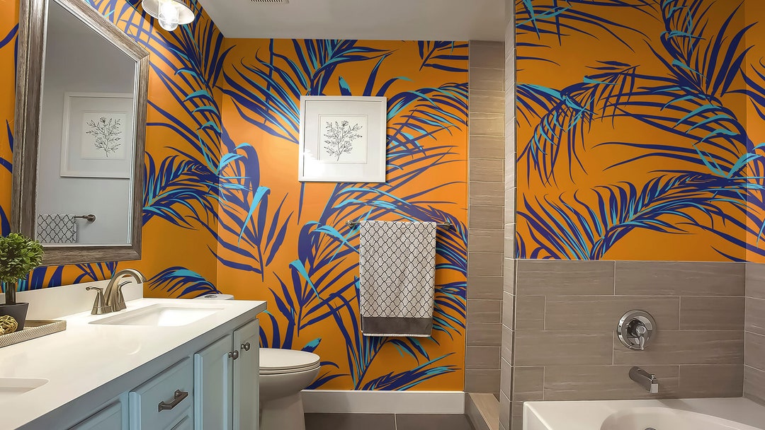 Orange Tropical Blue Palm Leaf Wallpaper, Exotic Leaf Print Wall Mural ...