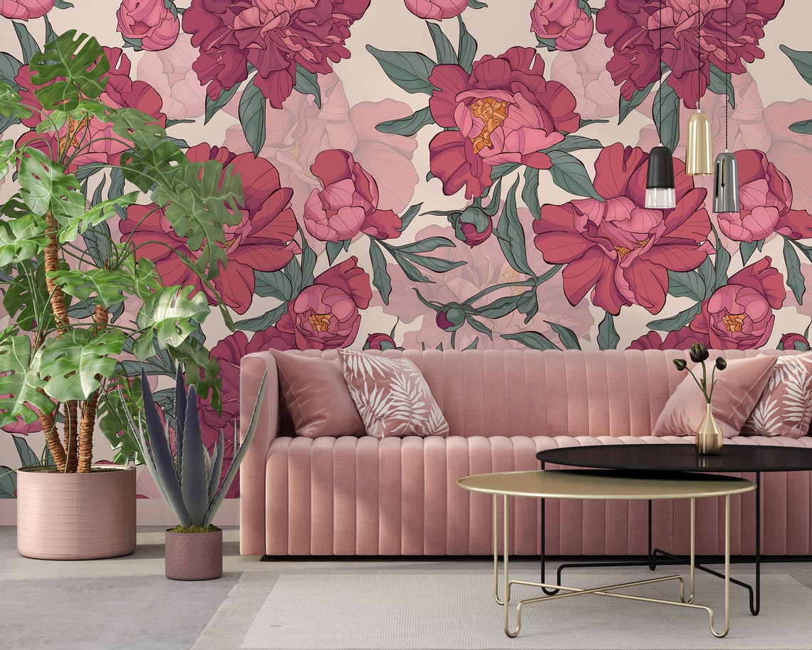 Pink and Red Big Flower Pattern Wallpaper Botanical Mural - Etsy