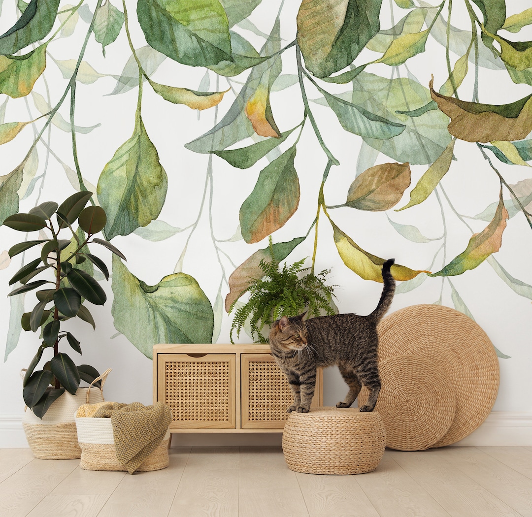 Watercolor Big Hanging Leaves Wallpaper, Autumn Leaf Print • Peel and ...
