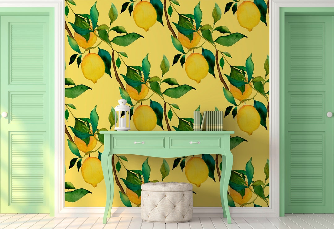 Yellow Wallpaper With Watercolor Lemon | Self Adhesive | Peel & Stick ...