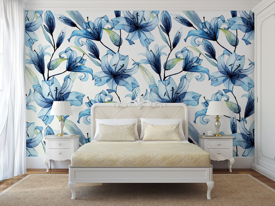 Watercolor Blue Flowers Wallpaper, Botanical Floral Wall Mural • Peel ...