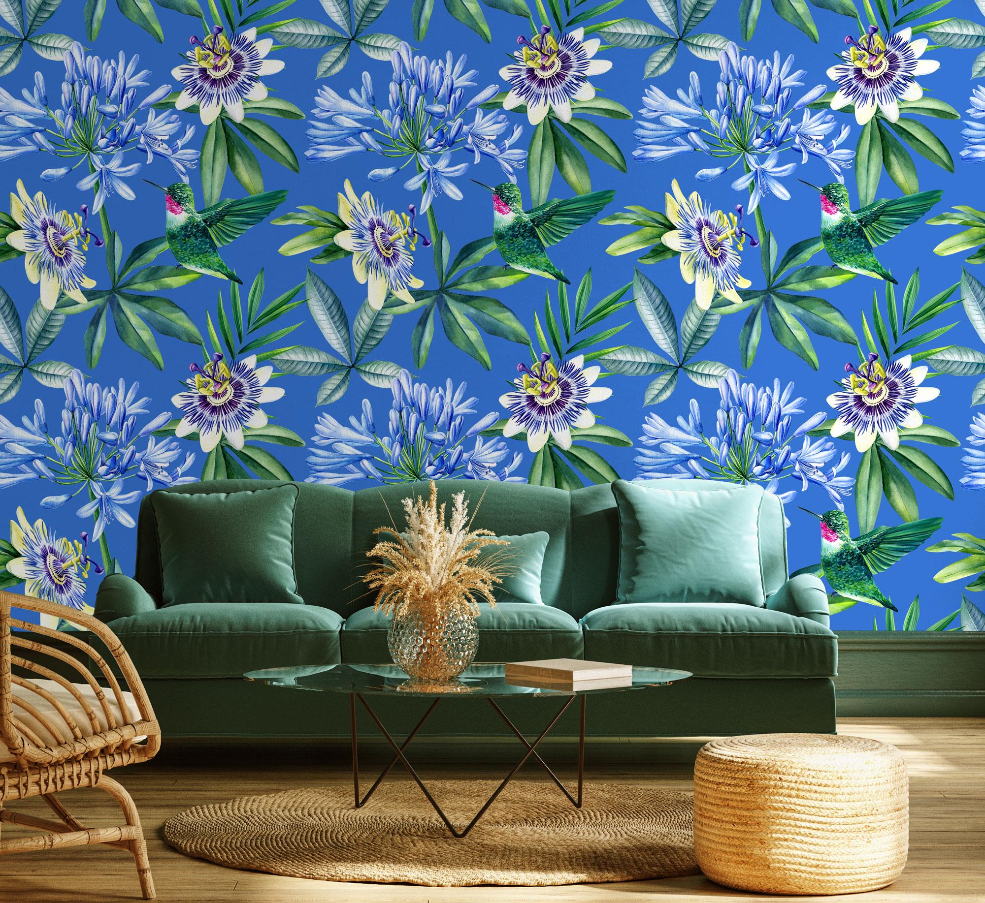 Passiflora & Humming Bird Blue Wallpaper, Botanical Wall Mural • Peel ...