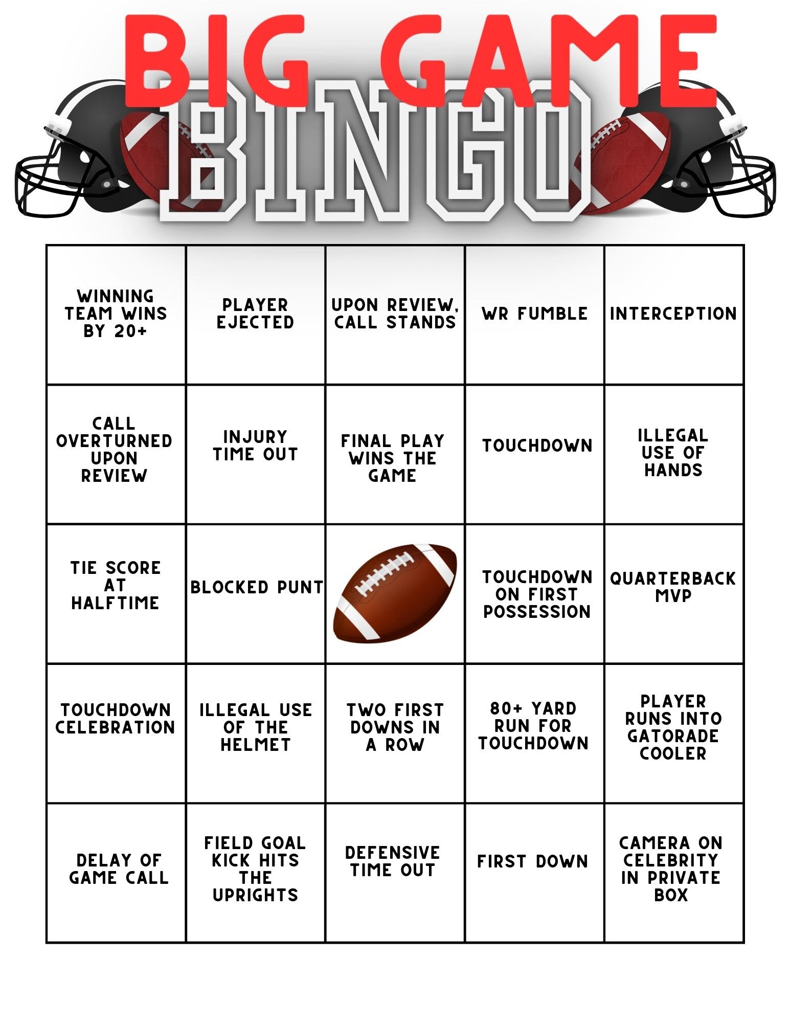 Big Game American Football Bingo 10 Different Cards Good for All Ages ...