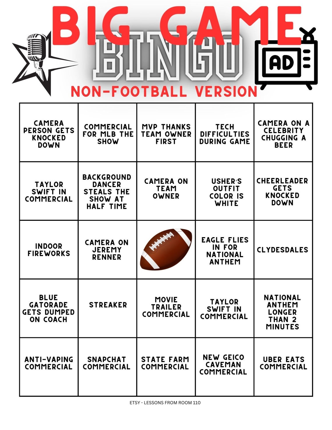Big Game American Football Bingo Non Football Commercials and Half Time ...