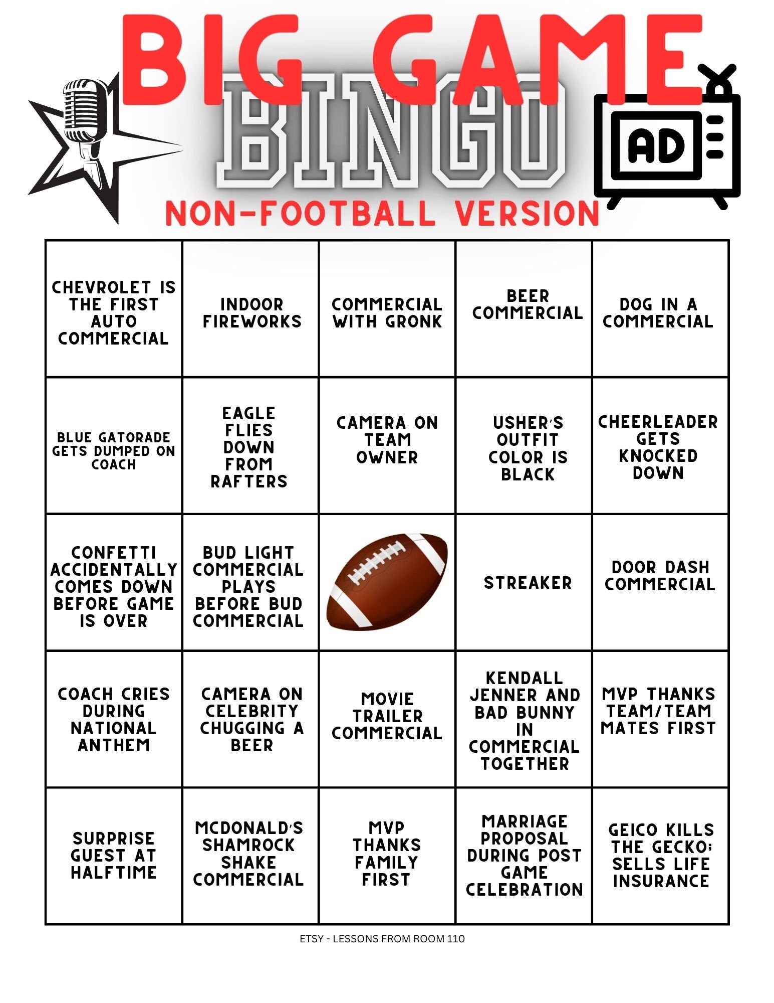 Big Game American Football Bingo Non Football Commercials and Half Time ...