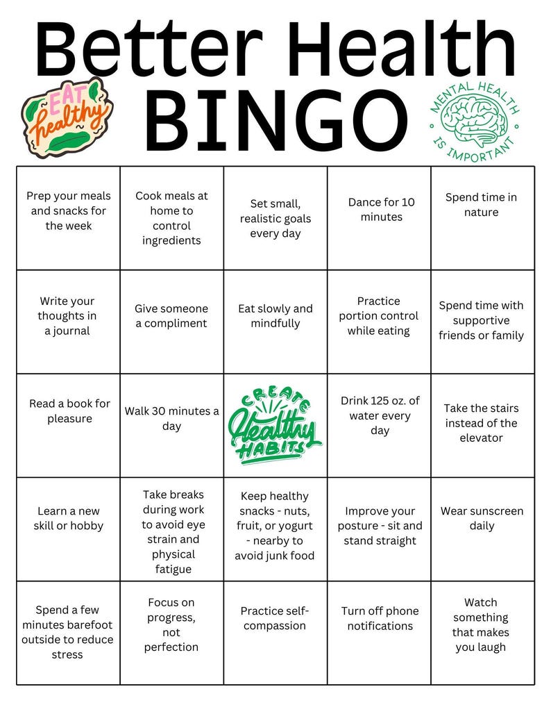 Healthy Habits Bingo Health Class New Years Resolutions - Etsy