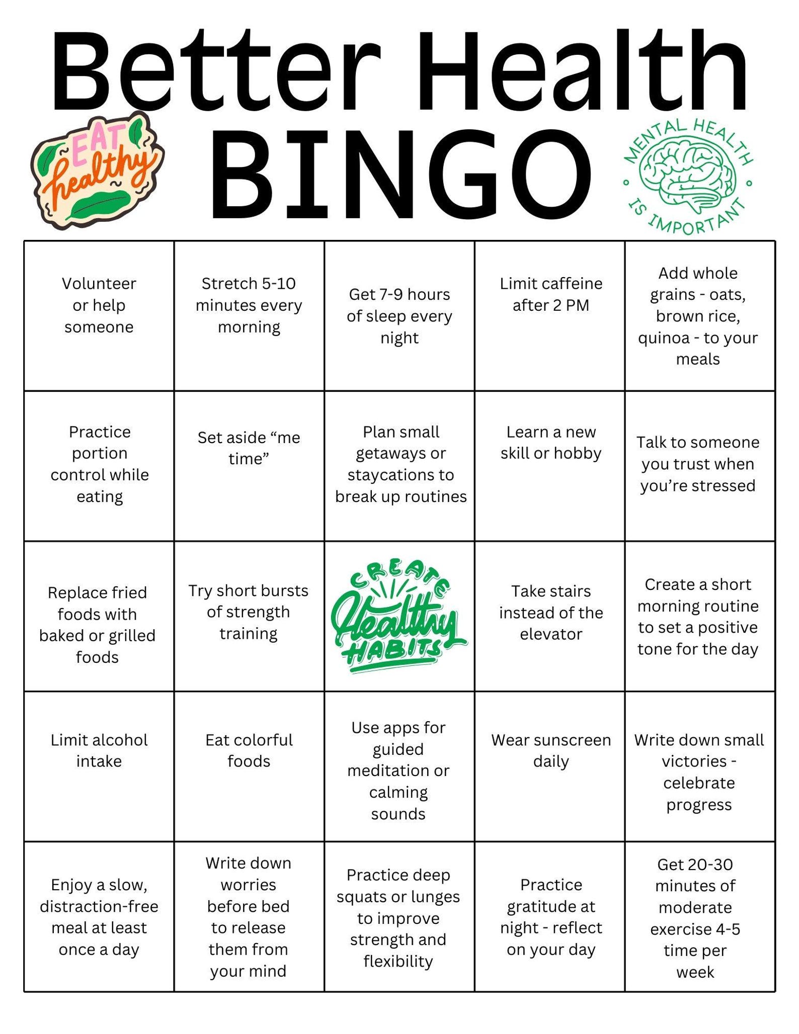 Healthy Habits Bingo Health Class New Years Resolutions - Etsy
