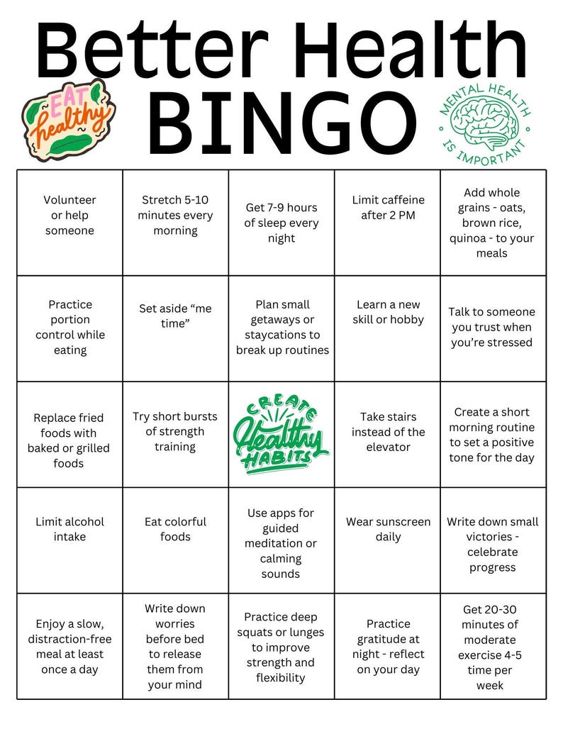 Healthy Habits Bingo Health Class New Years Resolutions - Etsy