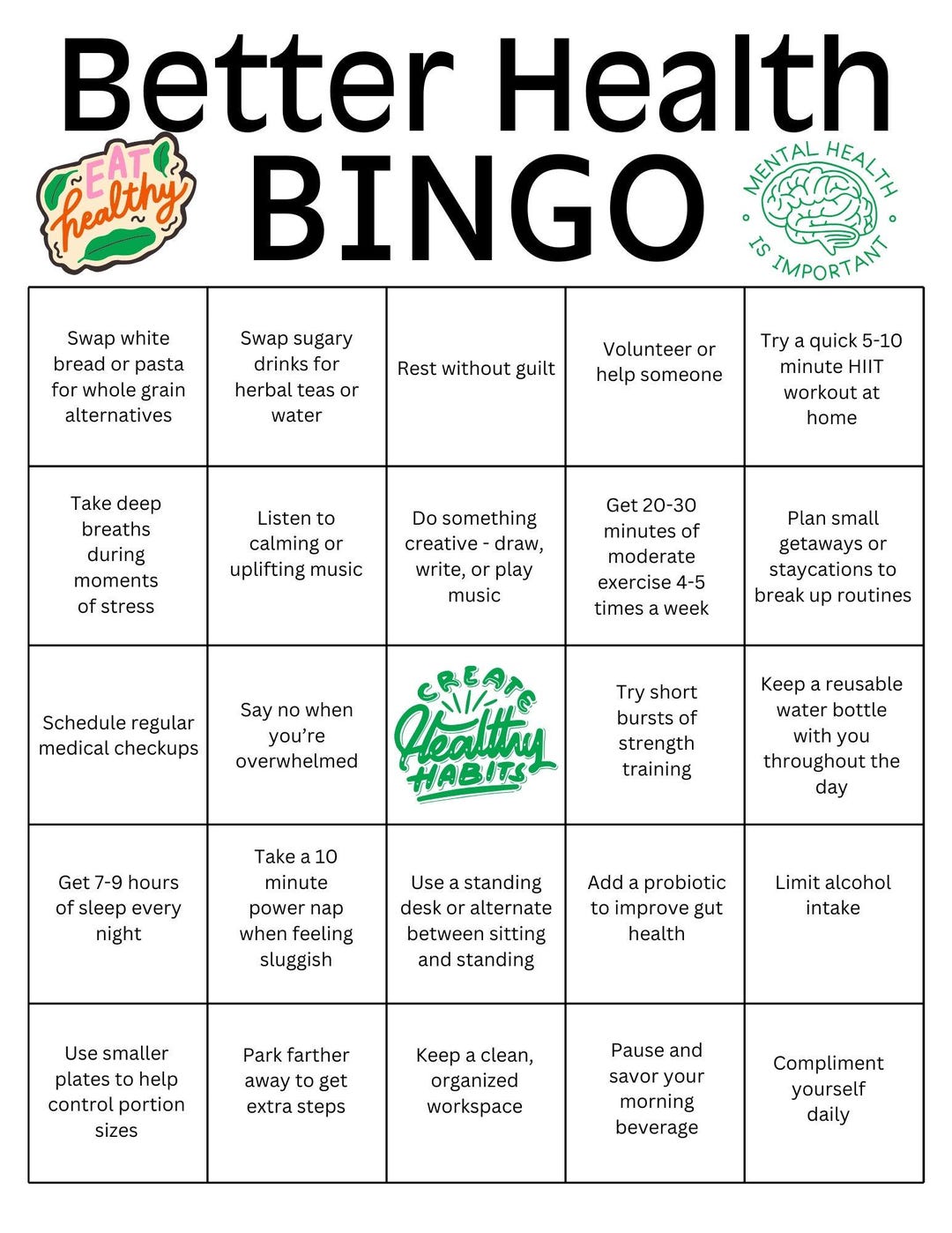 Healthy Habits Bingo Health Class New Years Resolutions - Etsy