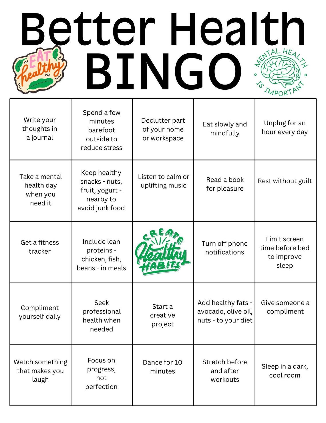 Healthy Habits Bingo Health Class New Years Resolutions - Etsy