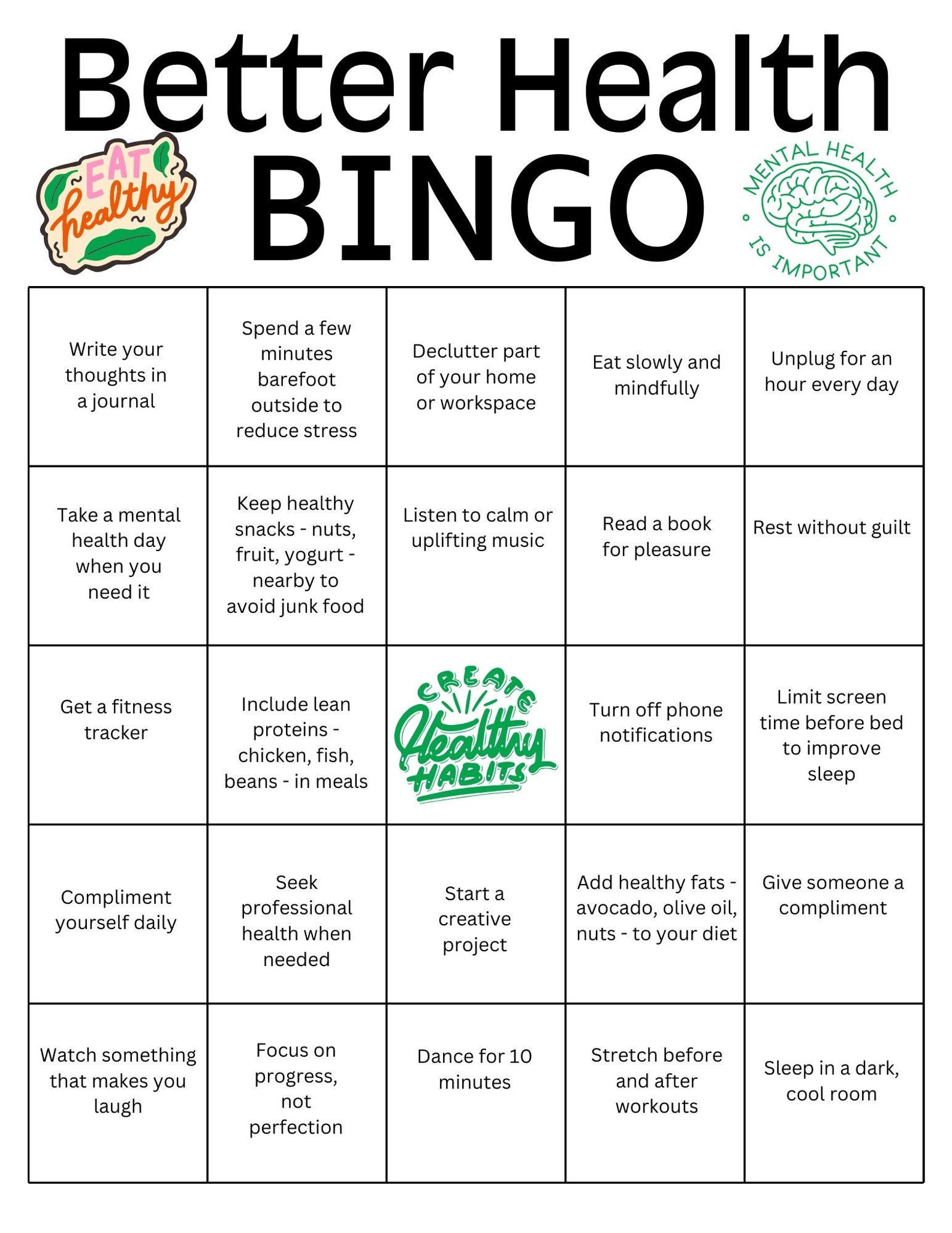 Healthy Habits Bingo Health Class New Years Resolutions - Etsy