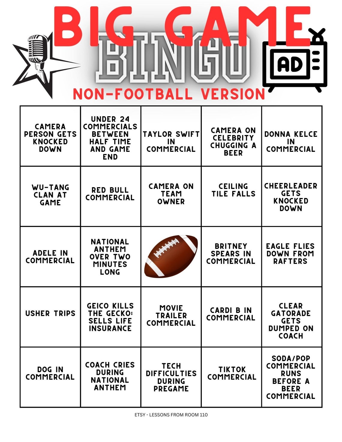 Big Game American Football Bingo Non Football Commercials and Half Time ...