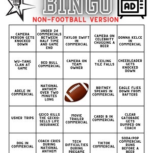 Big Game American Football Bingo Non Football Commercials and Half Time ...