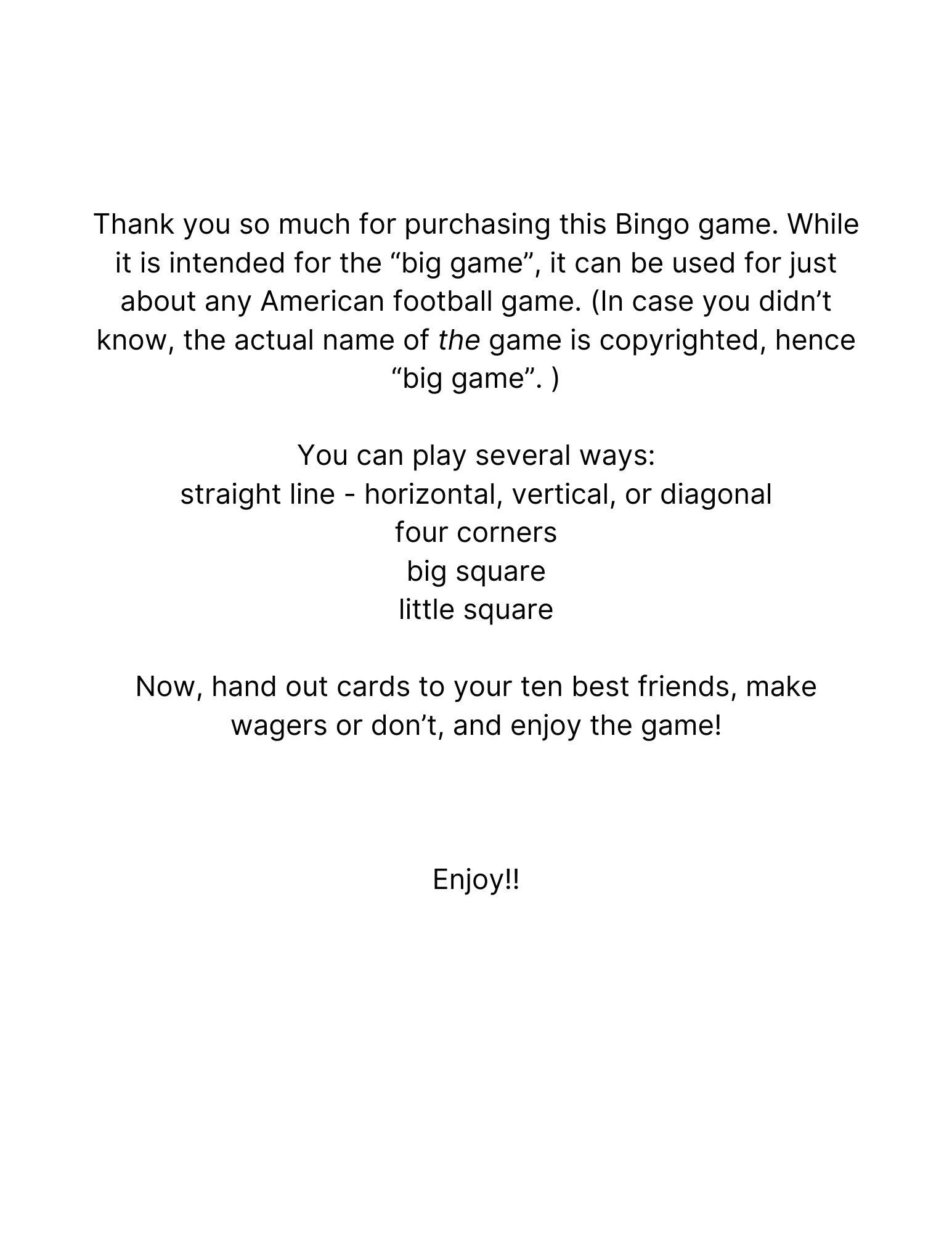 Big Game American Football Bingo 10 Different Cards Good for All Ages ...