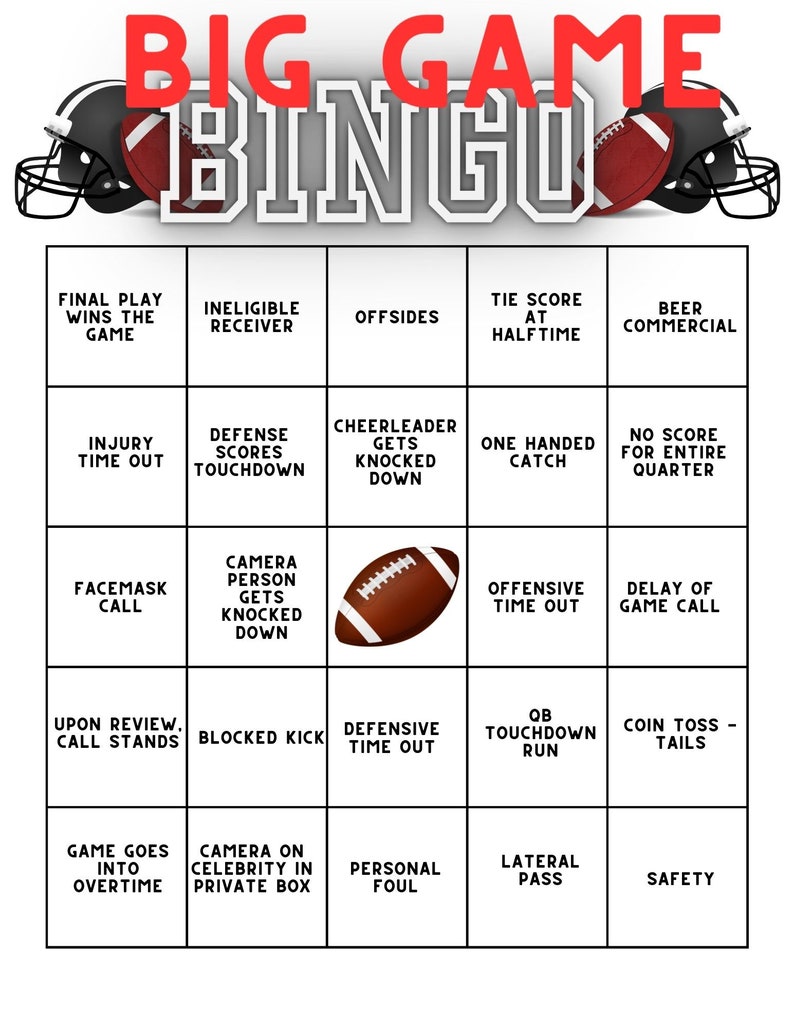 Big Game American Football Bingo 10 Different Cards Good for All Ages ...