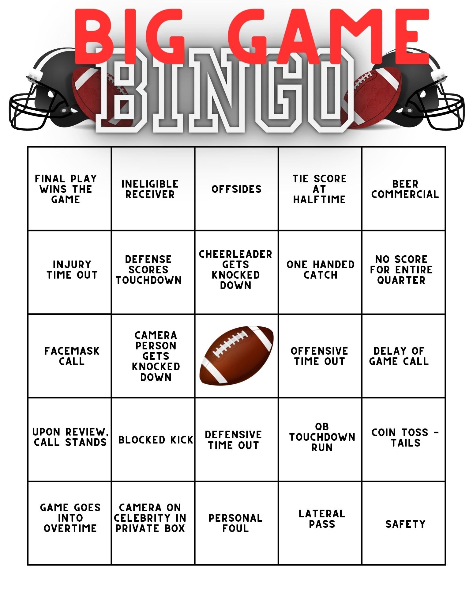 Big Game American Football Bingo 10 Different Cards Good for All Ages ...