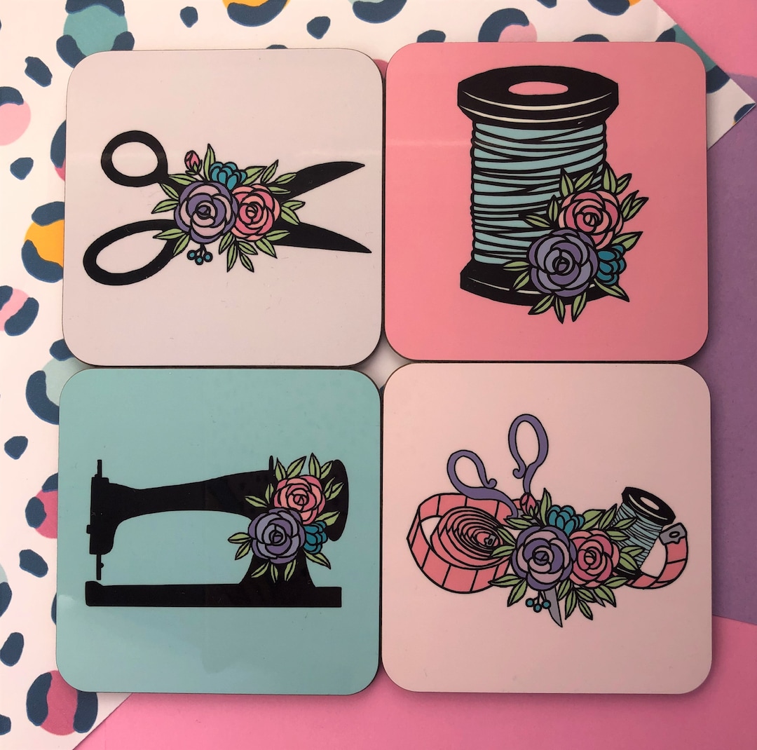 Retro Sewing Themed Mug Coaster- 4 Colours, Gift for Stitcher, Sewing ...