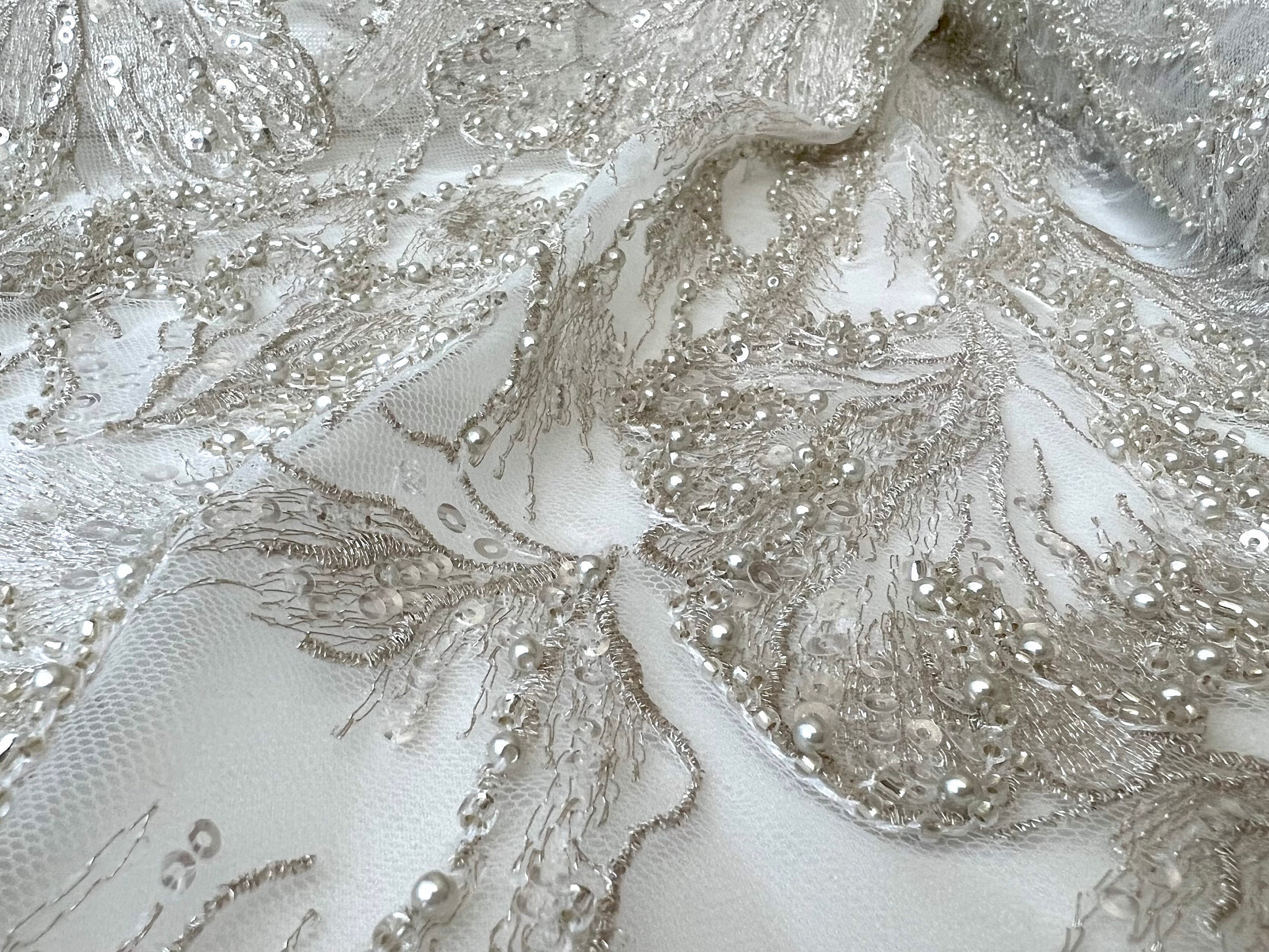 Luxury Bridal Lace With Pearls, Hand-beaded Wedding Lace Fabric, Silver ...