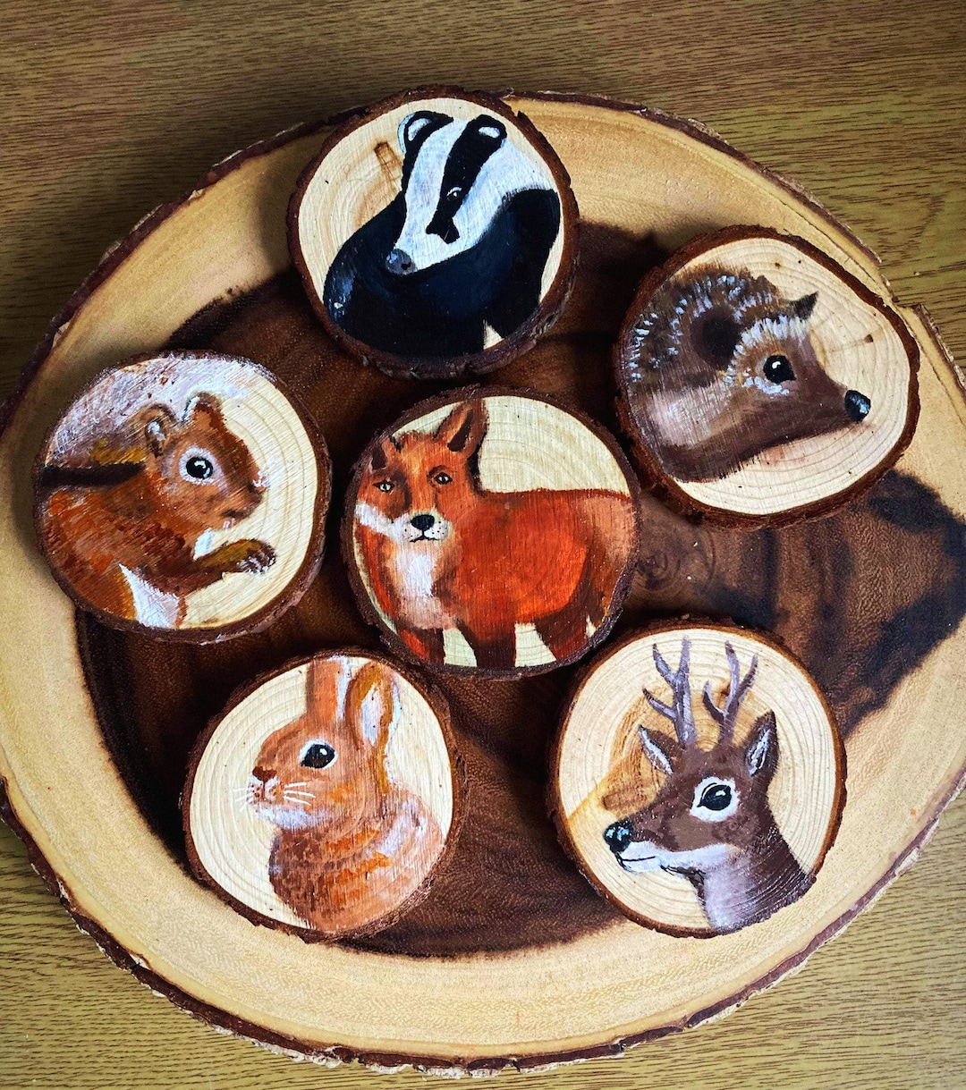 Woodland Animal Hand Painted Log Slices - Etsy