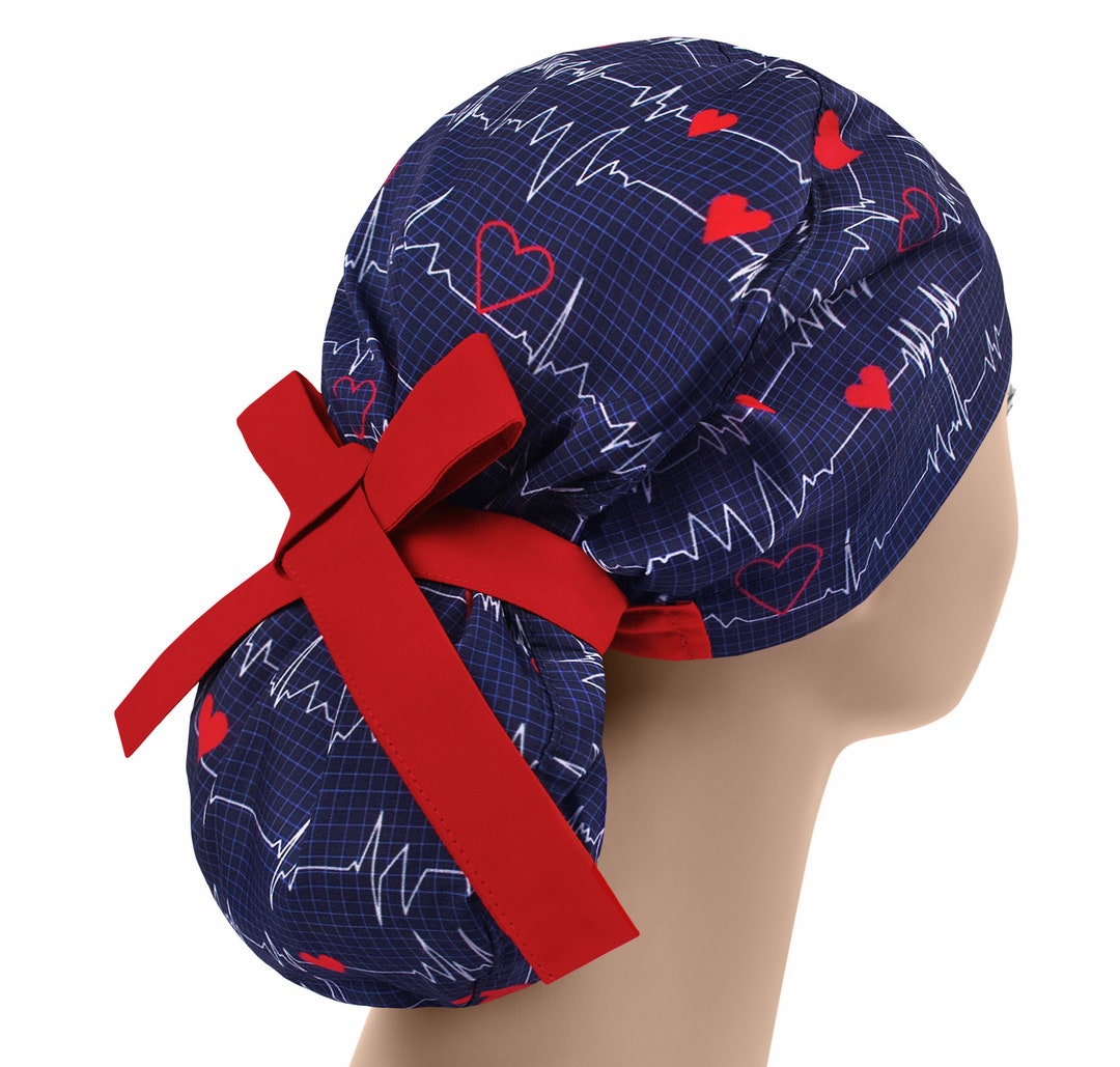 Ponytail Scrub Cap, Cardiogram Scrub Hat, Scrub Hats Big Hair, Womens ...