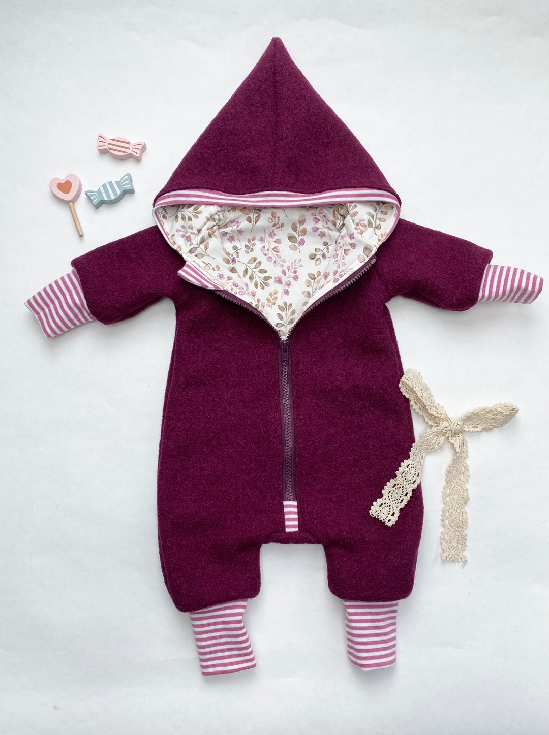 Walk Suit Walk Overall Berry Cuffs in Old Pink Striped Pink Leaves With ...