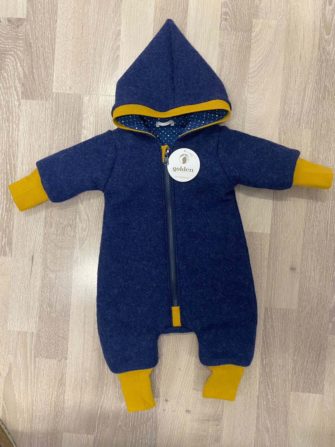Walk Suit Walk Overall Denim Blue Cuffs in Mustard Yellow Colorful Dots ...