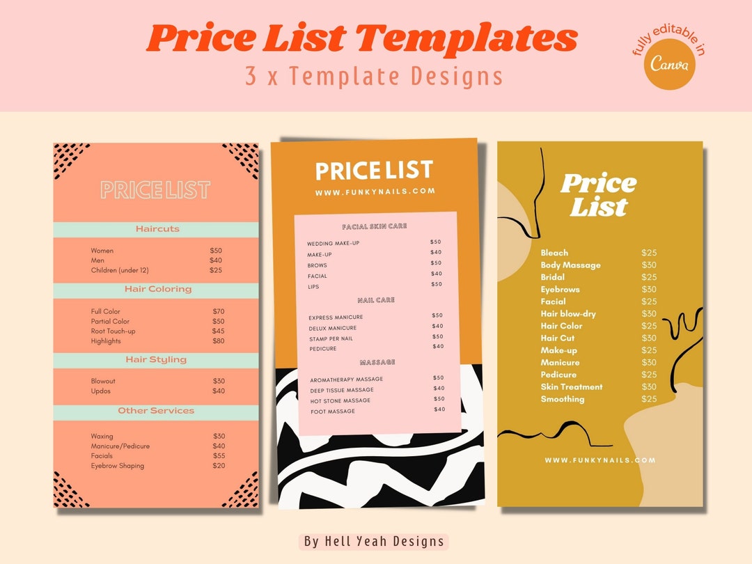 Bold & Bright Price List Templates - Fully Editable in Canva - Etsy