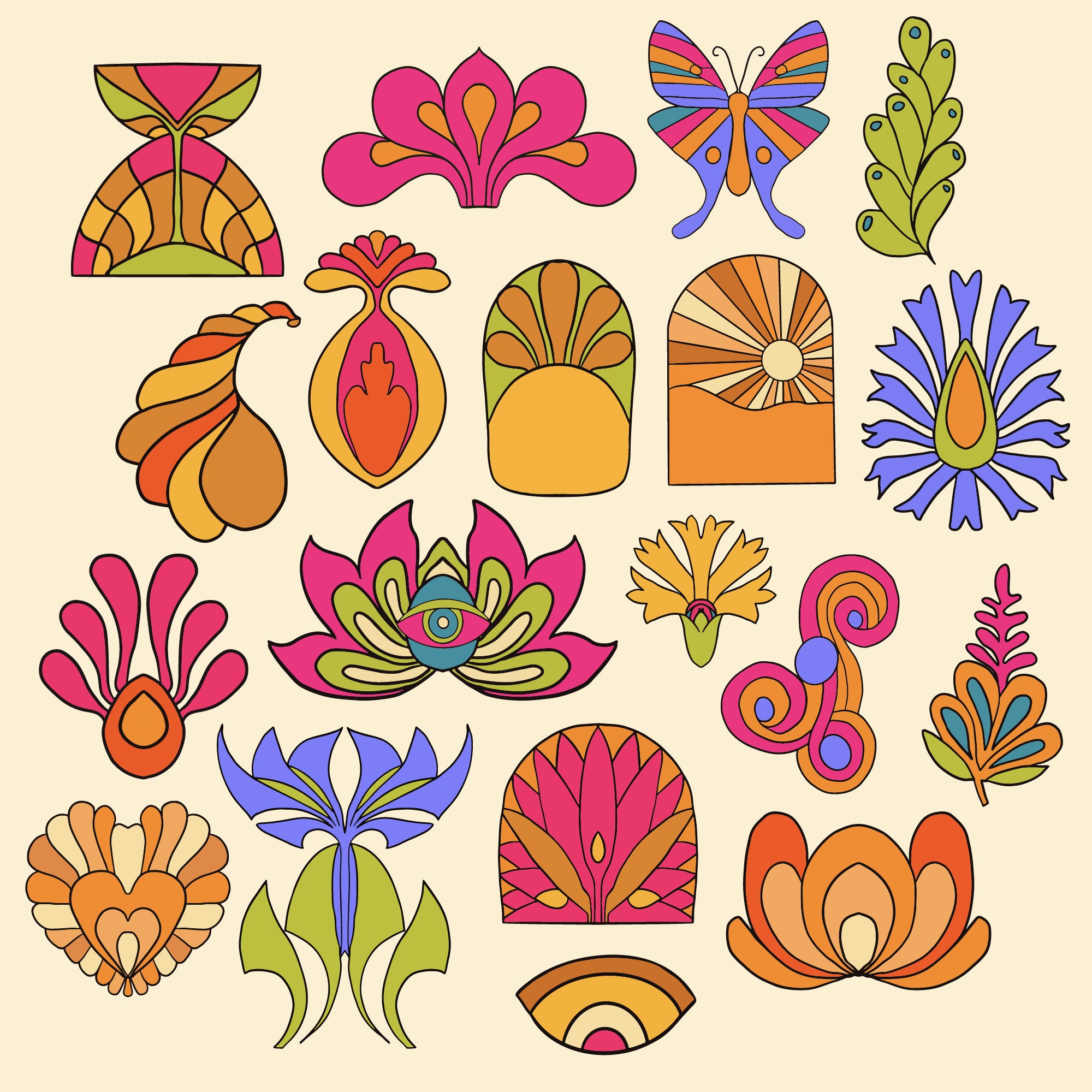 Groovy 60s Vibe Shapes Set Bright Clipart Graphic Design - Etsy