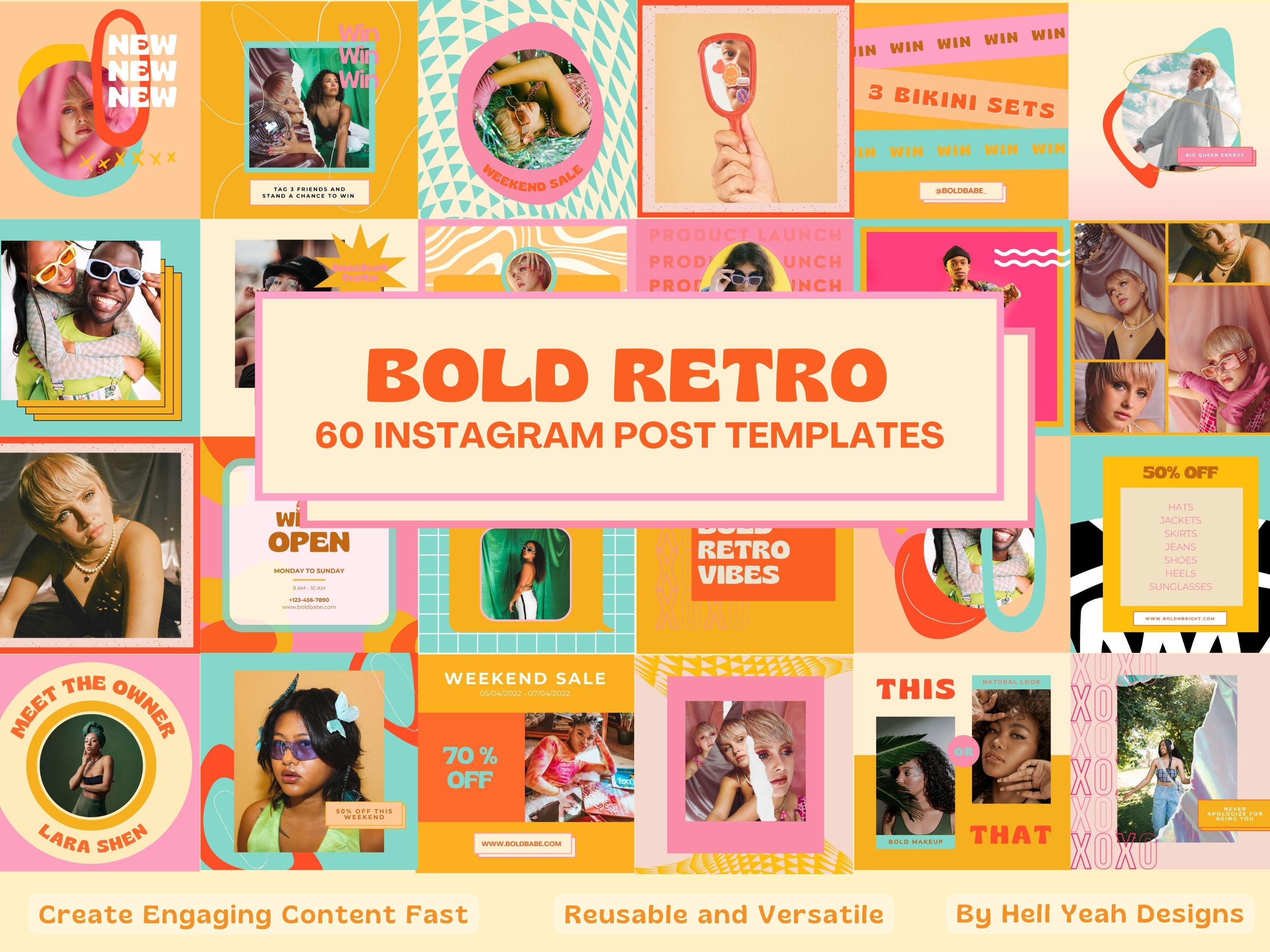 200 Bold Retro Instagram Bundle, Posts Stories Icons Reels Canva ...