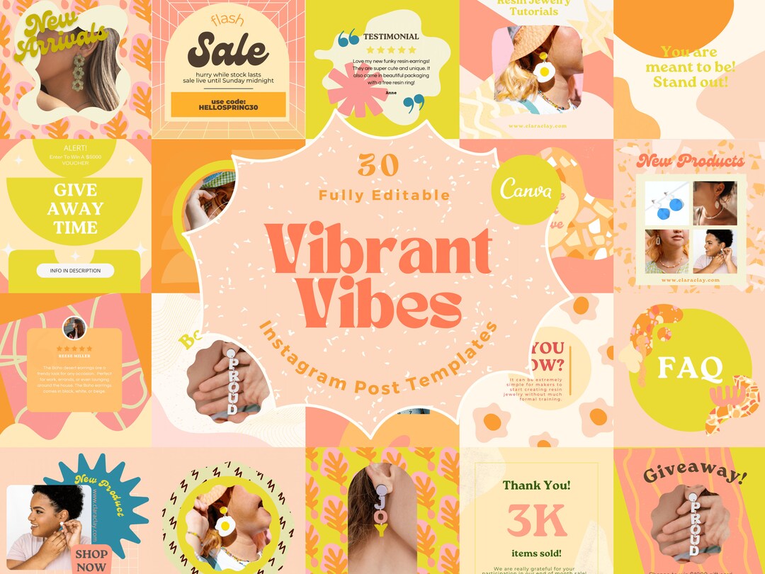 Vibrant Vibes Post Templates Canva, Ecommerce Instagram Templates, Cute ...
