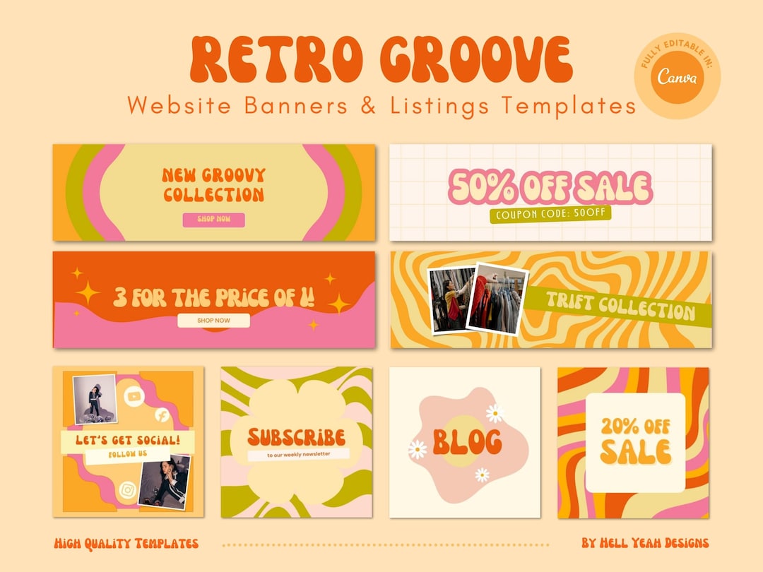 Retro Groove Website Banner Templates Bundle Fully Editable in Canva - Etsy