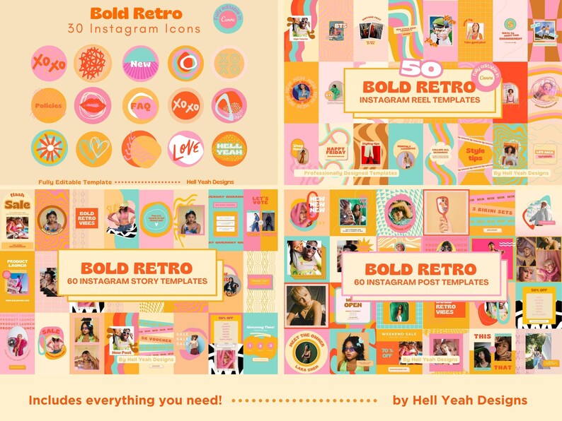 200 Bold Retro Instagram Bundle, Posts Stories Icons Reels Canva ...