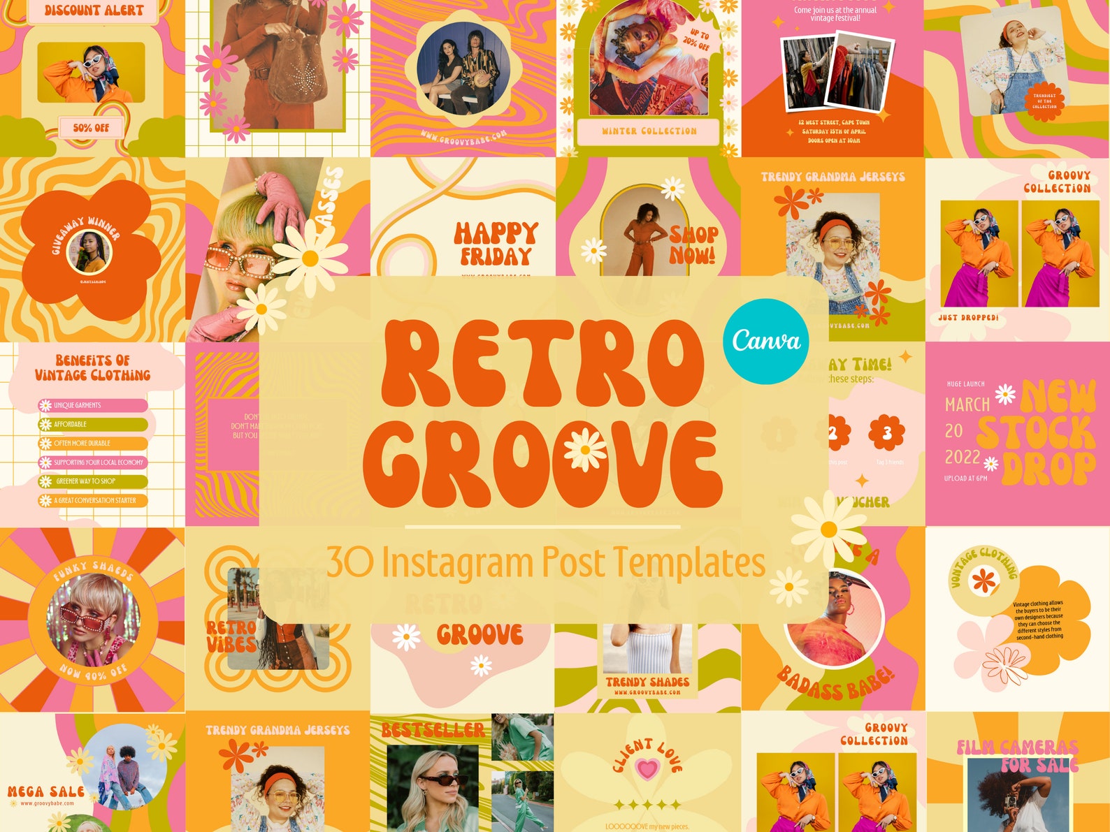Retro Groove Instagram Post Templates Canva - Etsy