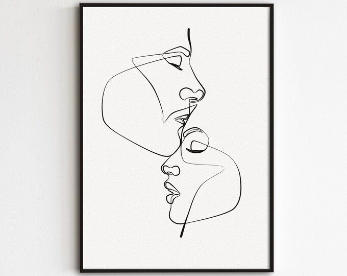 Couple Faces Line Art, Abstract Faces Print, Minimalist Kiss Art ...